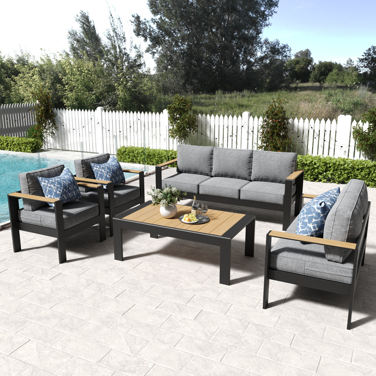 Latitude Run® Outdoor Aluminum Furniture Set with Coffee Table, Modern ...